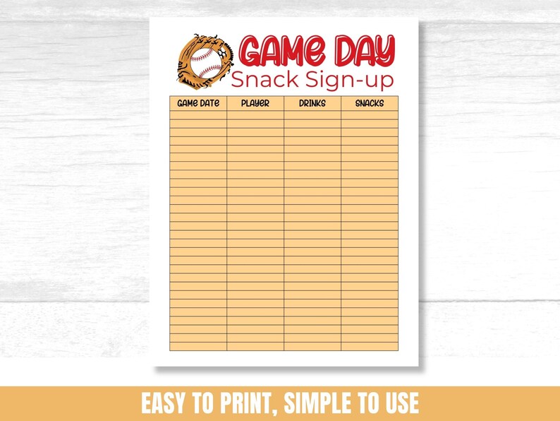 Snack Sign-up Sheet Baseball Snack Schedule Baseball Team Snack Game ...