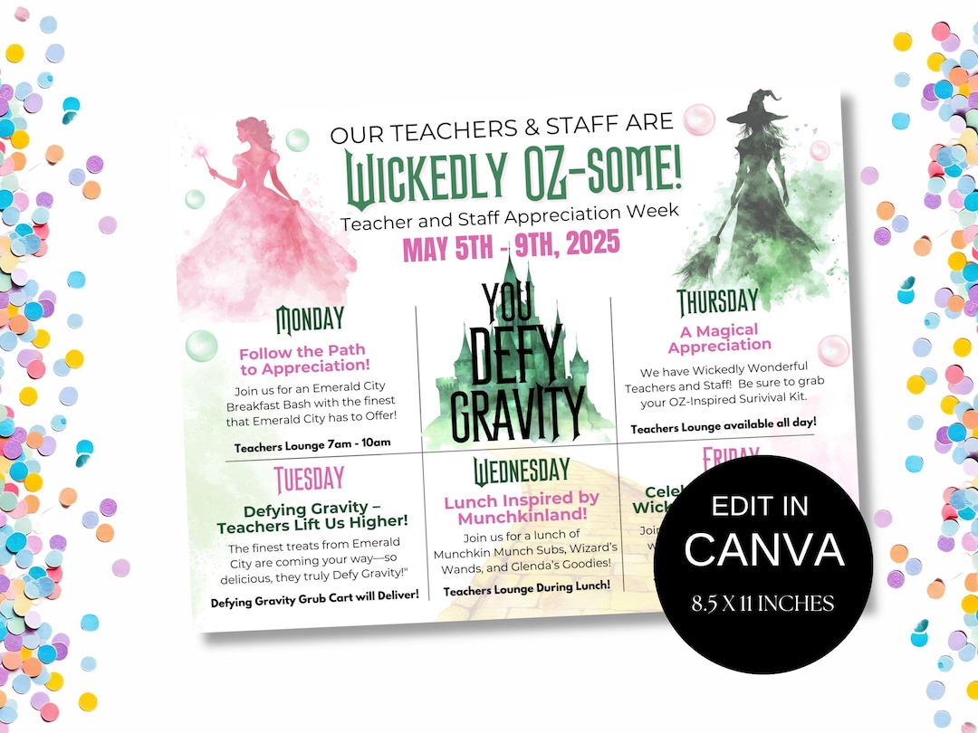 Wicked Teacher Appreciation Week Theme Ideas Editable Teacher Itinerary ...