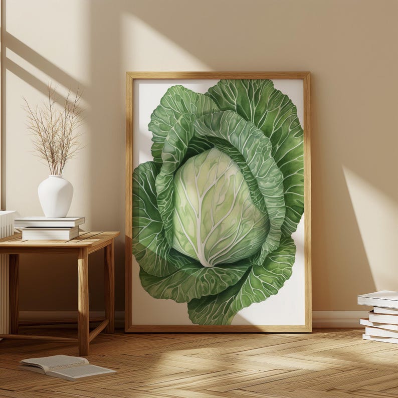 Green Cabbage Art Print, Realistic Vegetable Illustration, Botanical ...