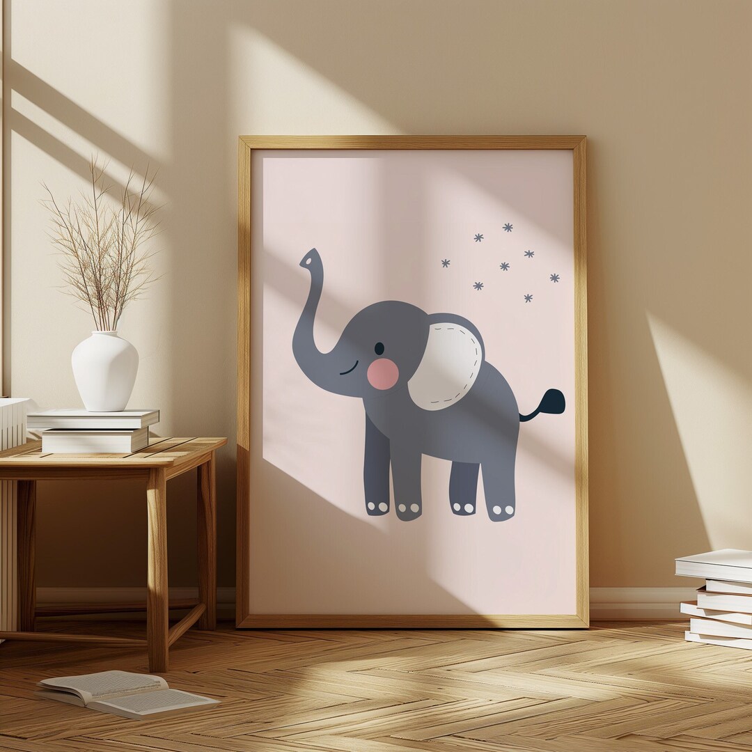 Happy Elephant Nursery Print, Grey & Pink, Kids Wall Art (digital ...