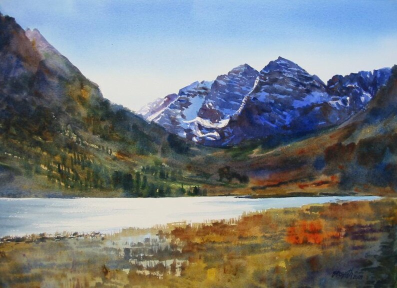 Maroon Bells No. 1, Watercolor Landscape, Rocky Mountains, Colorado ...