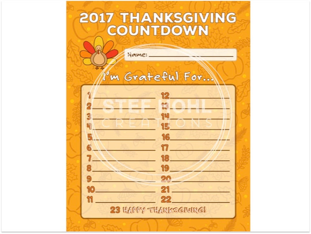 Thanksgiving Countdown and Gratitude Chart, Printable JPEG, Instant ...