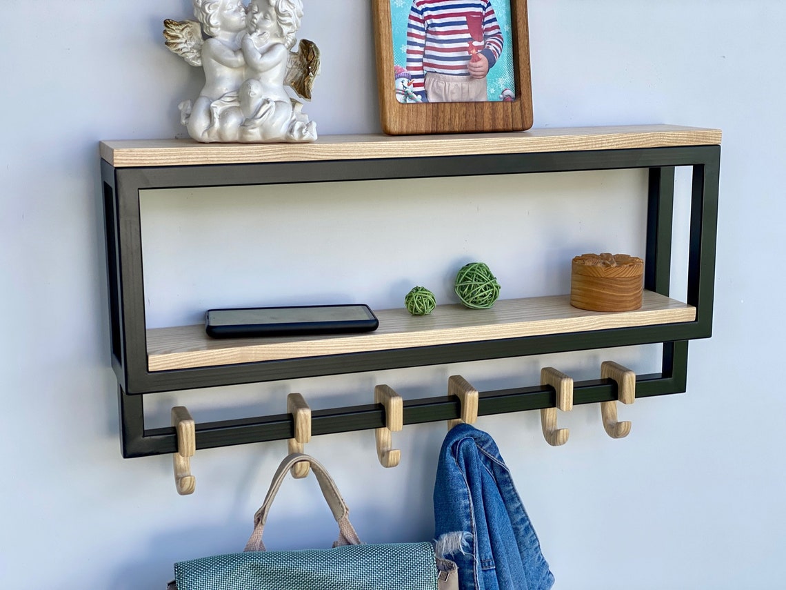 Wall Mounted Coat Rack With Shelf Metal Wooden Clothes Rack - Etsy