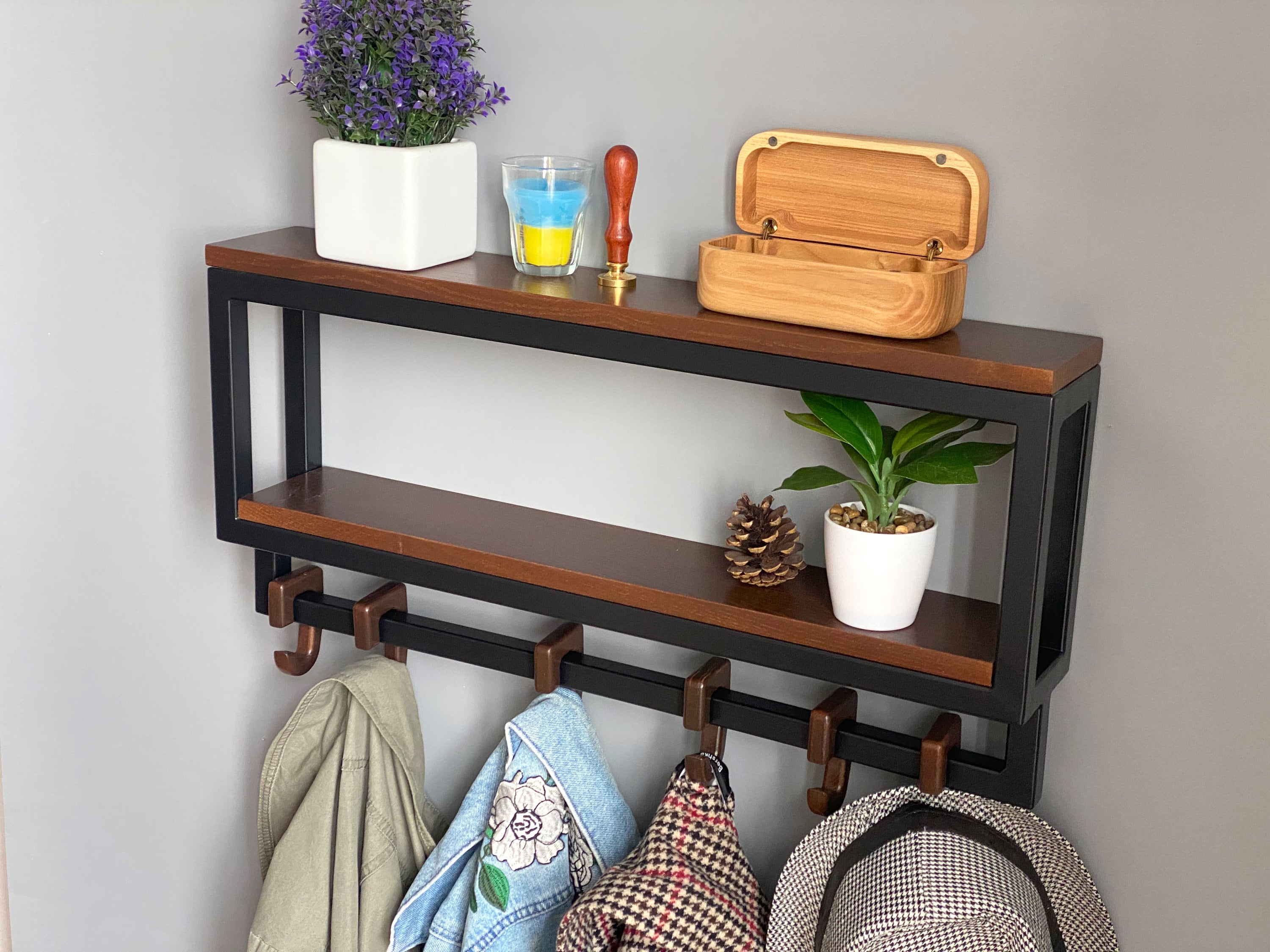 Wall Mounted Coat Rack for Hallway, Wooden Metal Coat Rack Industrial ...