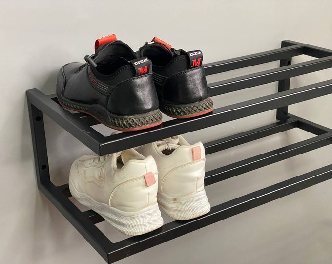 2-tier Wall Mounted Shoe Rack - Solid Wood Floating Shelf - Minimalist ...