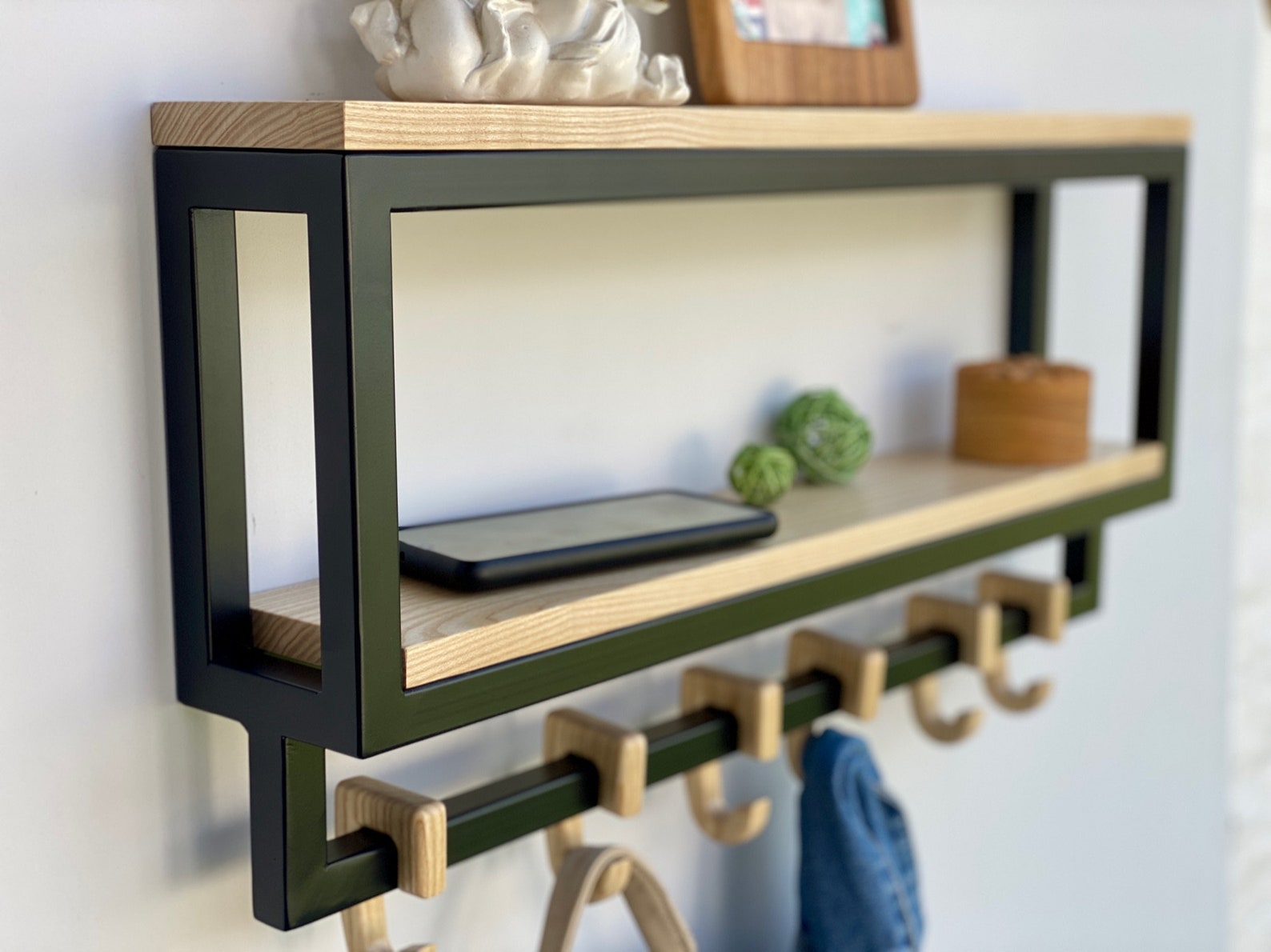 Wall Mounted Coat Rack With Shelf Metal Wooden Clothes Rack - Etsy