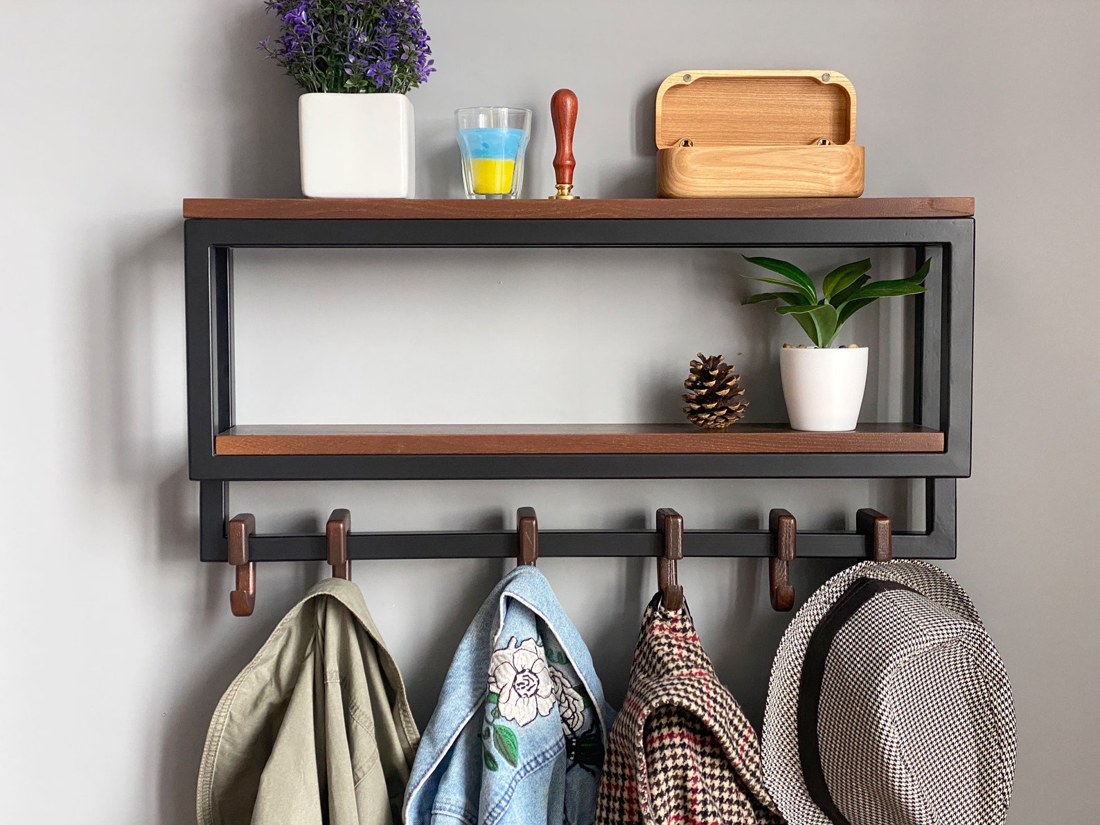 Wall Mounted Coat Rack With Shelf Metal Wooden Clothes Rack - Etsy