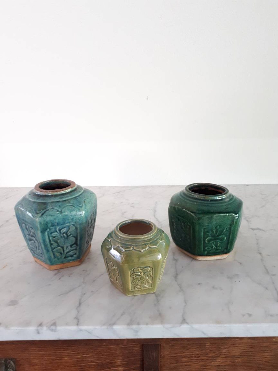 Set of Ginger Jars Chinese Ginger Pots, Hexagonal With Flower Panels ...