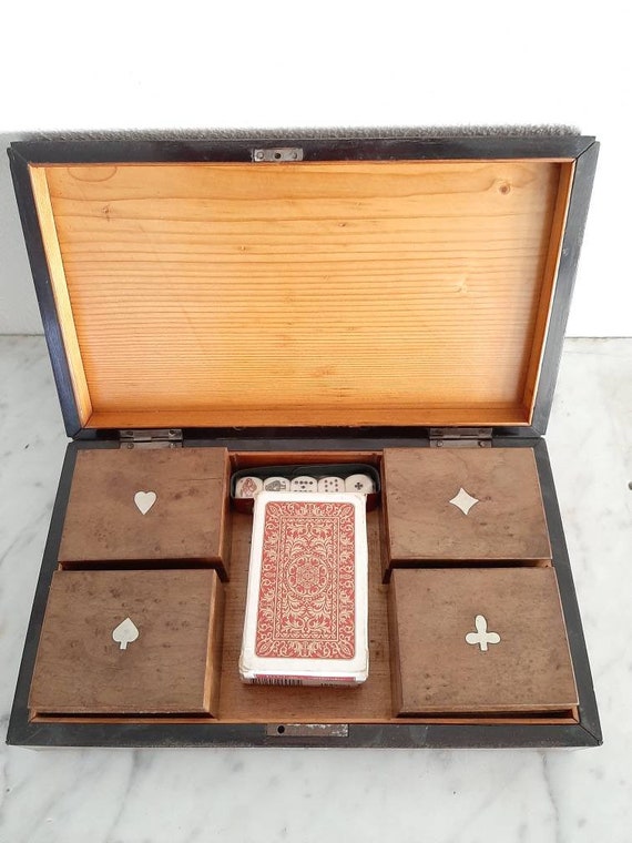 Antique Wooden Playing Cards Box with Brass Hand Inla… - Gem