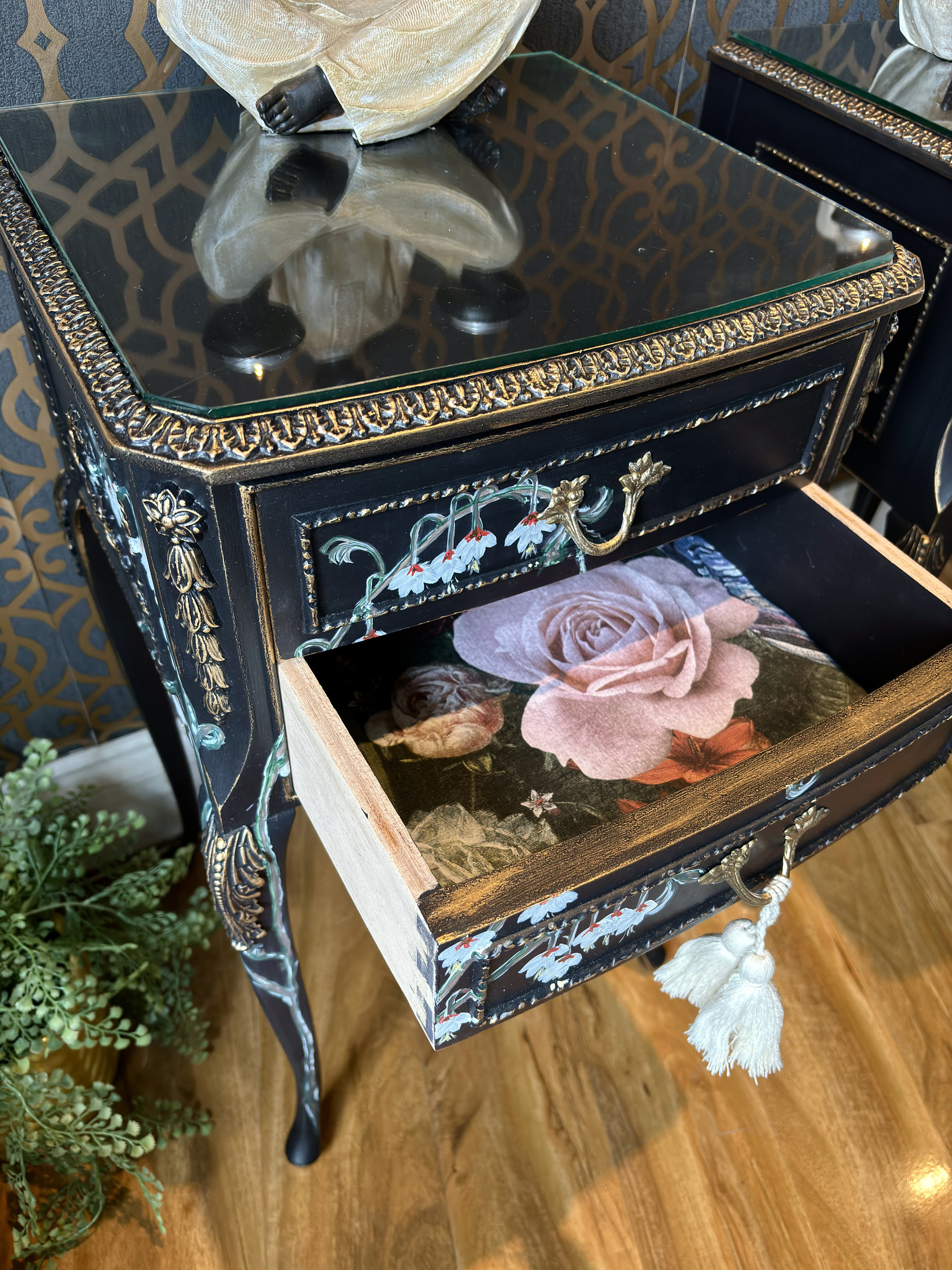 Hand Painted Pair of Bedside Tables Vintage Chests Polished Glass Tops ...
