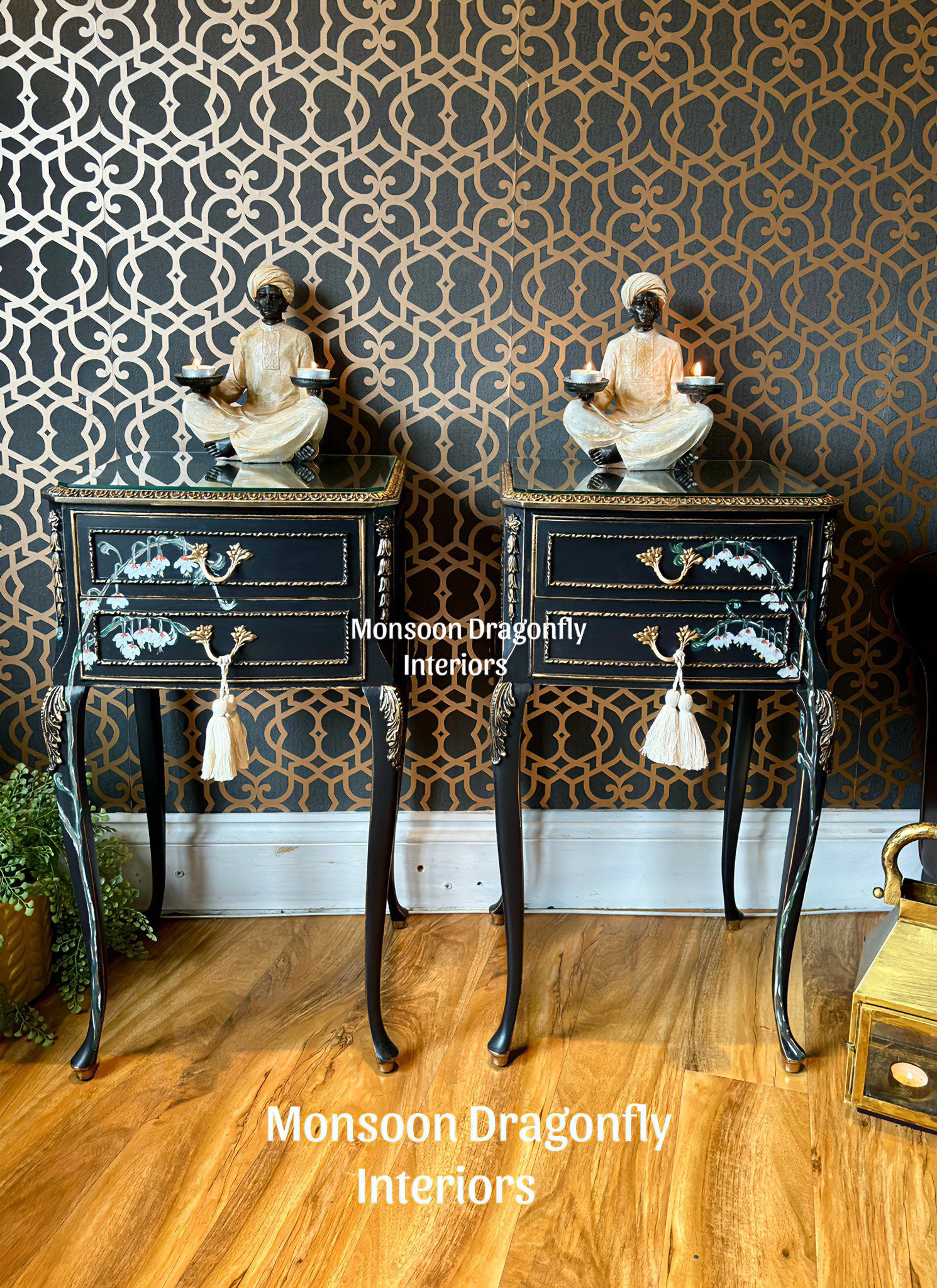 Hand Painted Pair of Bedside Tables Vintage Chests Polished Glass Tops ...