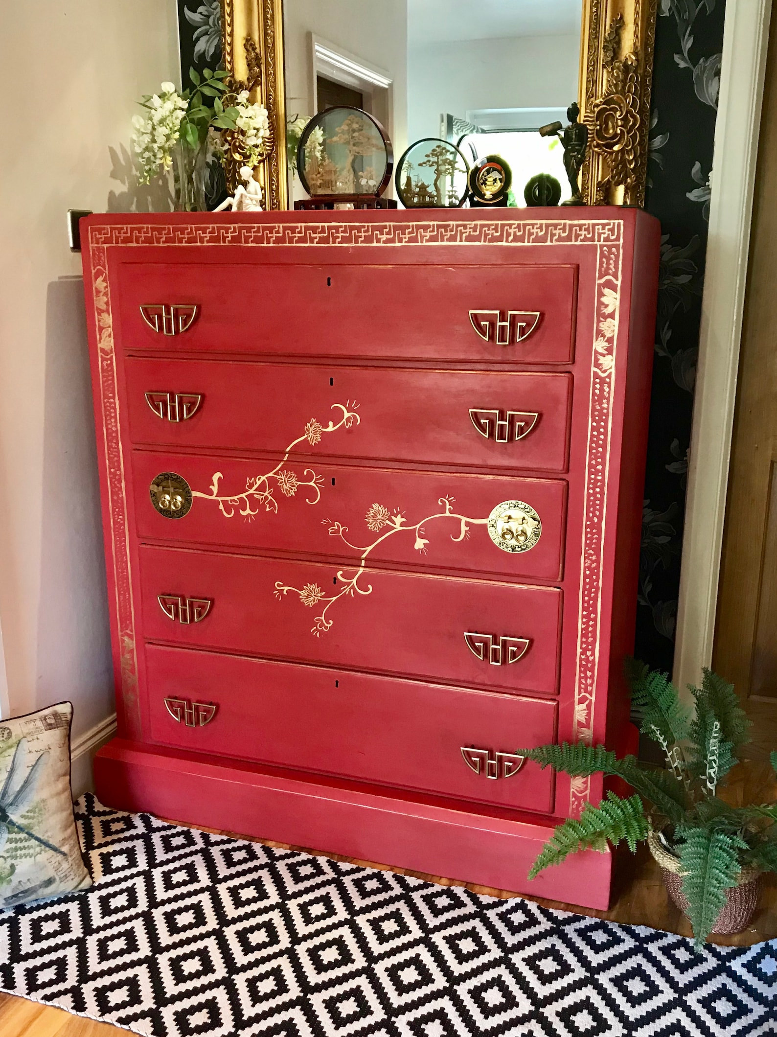Large Victorian Chest of Drawers Painted in Oriental Style With Chinese ...
