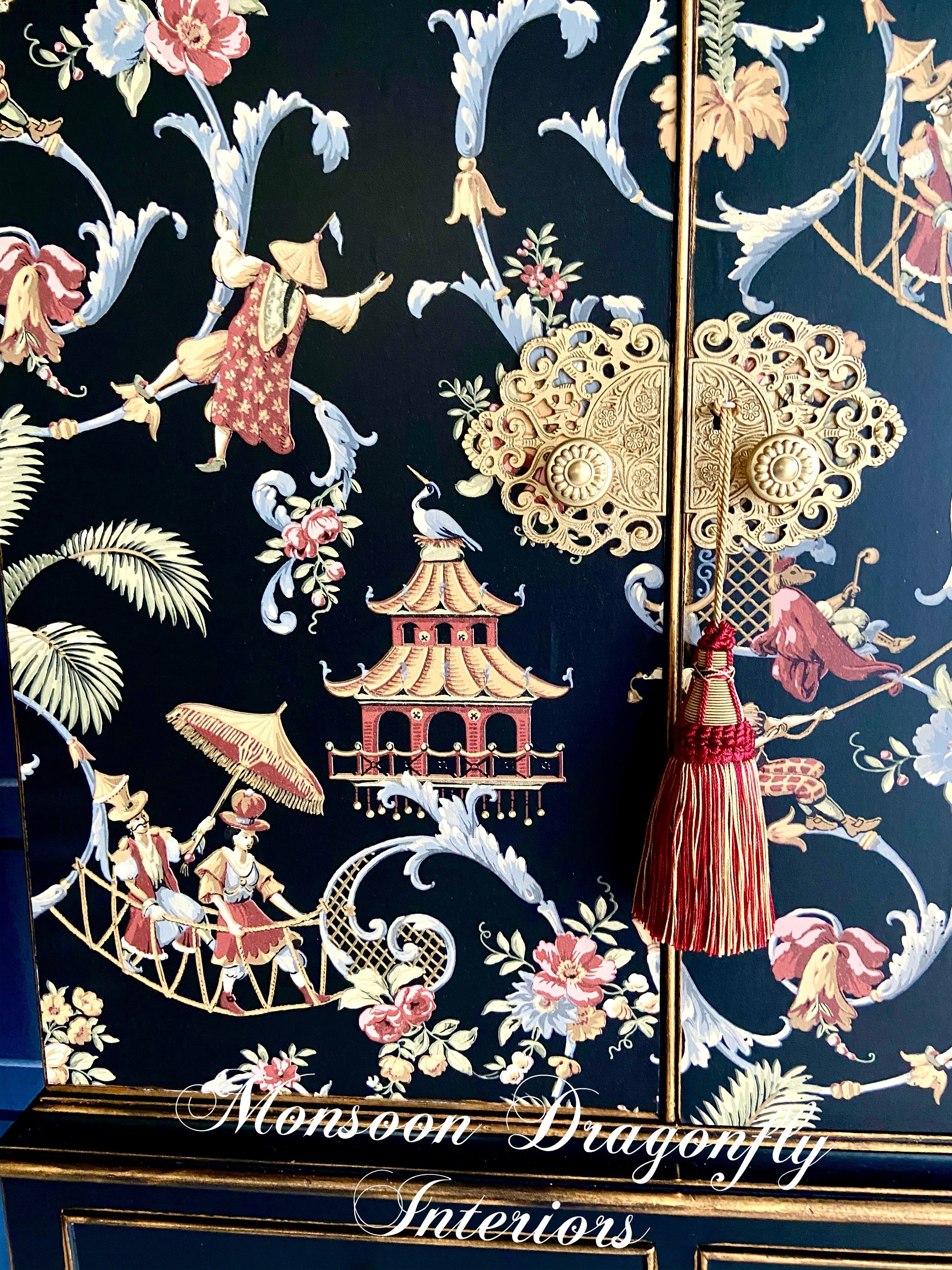 SOLD Opulent Black Chinoiserie wallpaper with Oriental Pagodas Cocktail ...