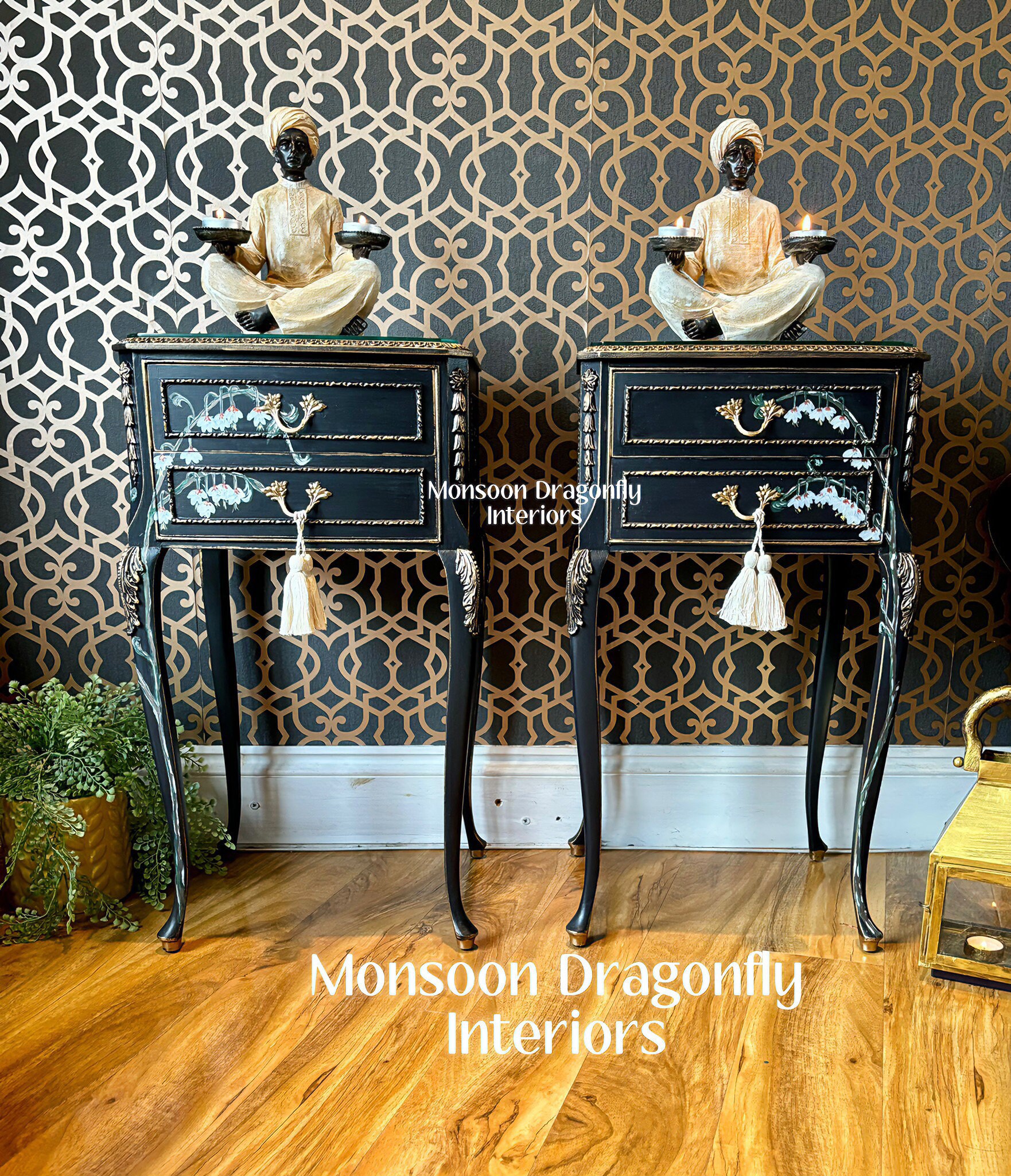 Hand Painted Pair of Bedside Tables Vintage Chests Polished Glass Tops ...