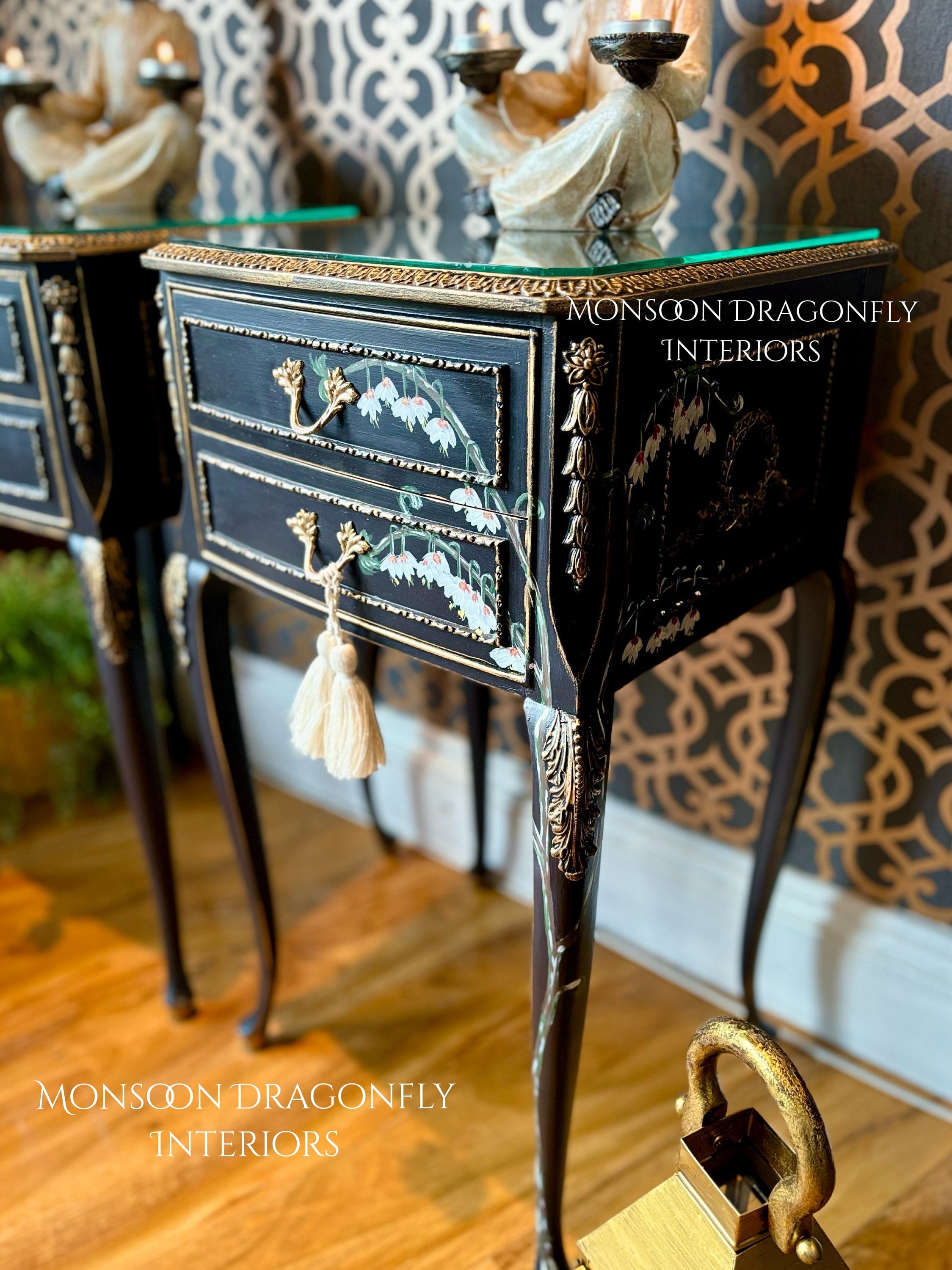 Hand Painted Pair of Bedside Tables Vintage Chests Polished Glass Tops ...