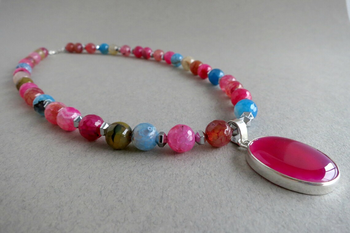Pink Stone Necklace, Pink Beaded Necklace, Pink Statement Necklace ...