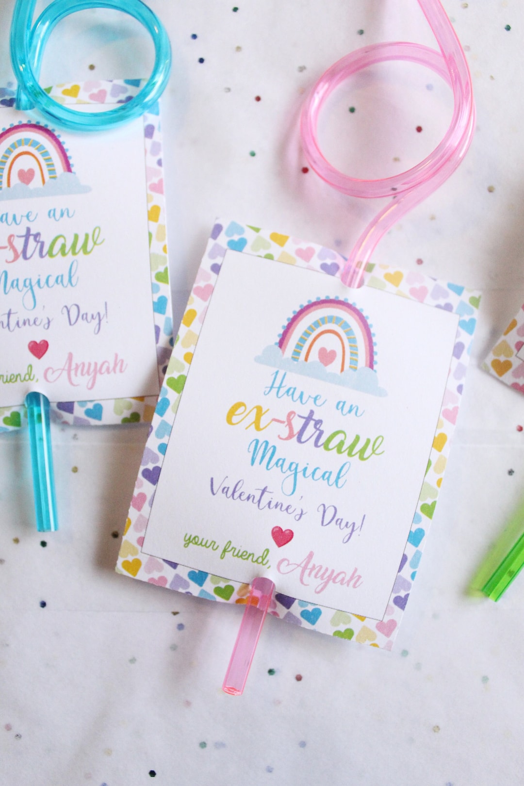 Rainbow Straw Valentine Tags for Class & School - Set of 12 'ex-straw ...