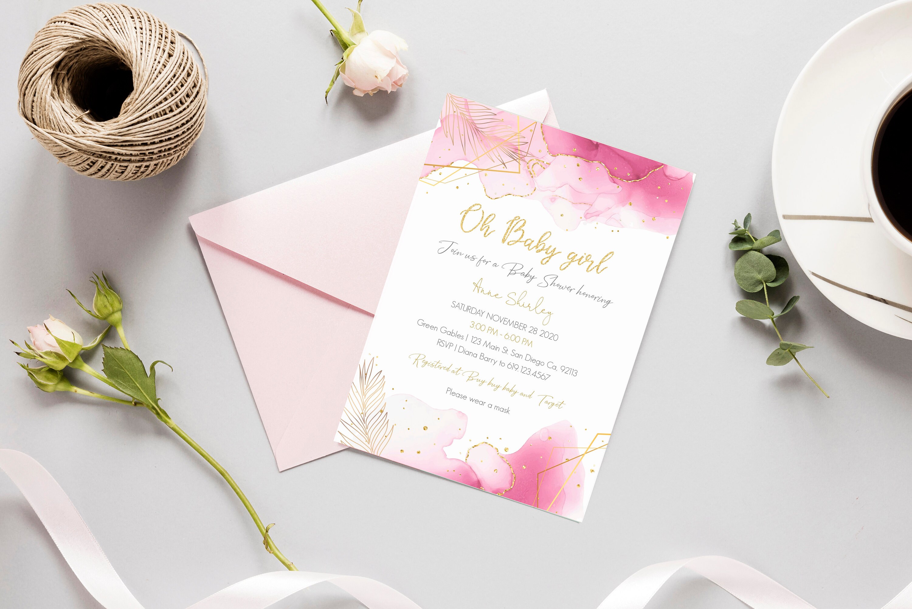 Watercolor Pink Baby Shower Invite, Goldrose Baby Shower, Marble Pink ...