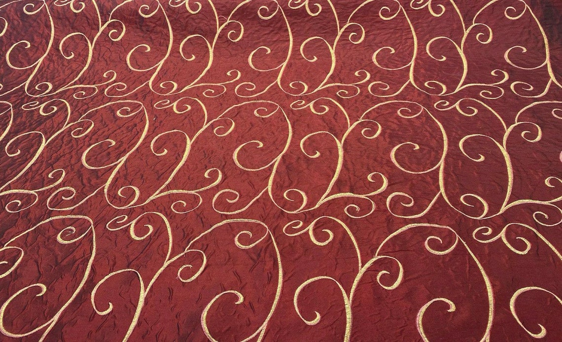 Merlot Red Swirls Embroidered Slub Faux Silk Fabric by the - Etsy