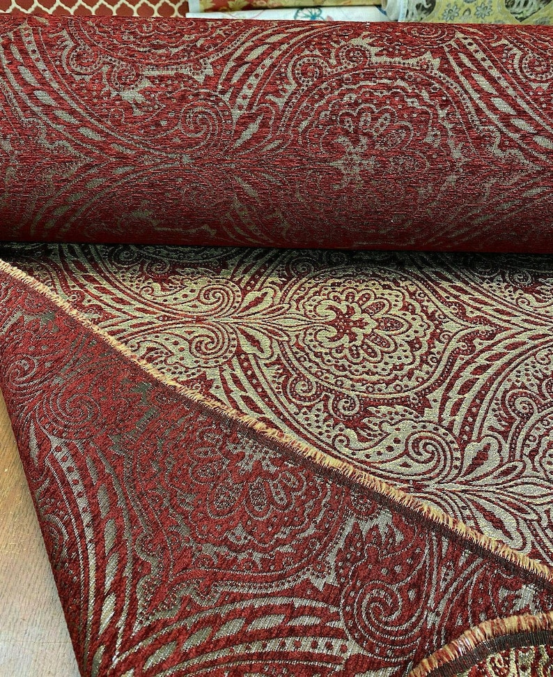 Medellin Damask Ruby Red Gold Upholstery Fabric by the Yard | Etsy