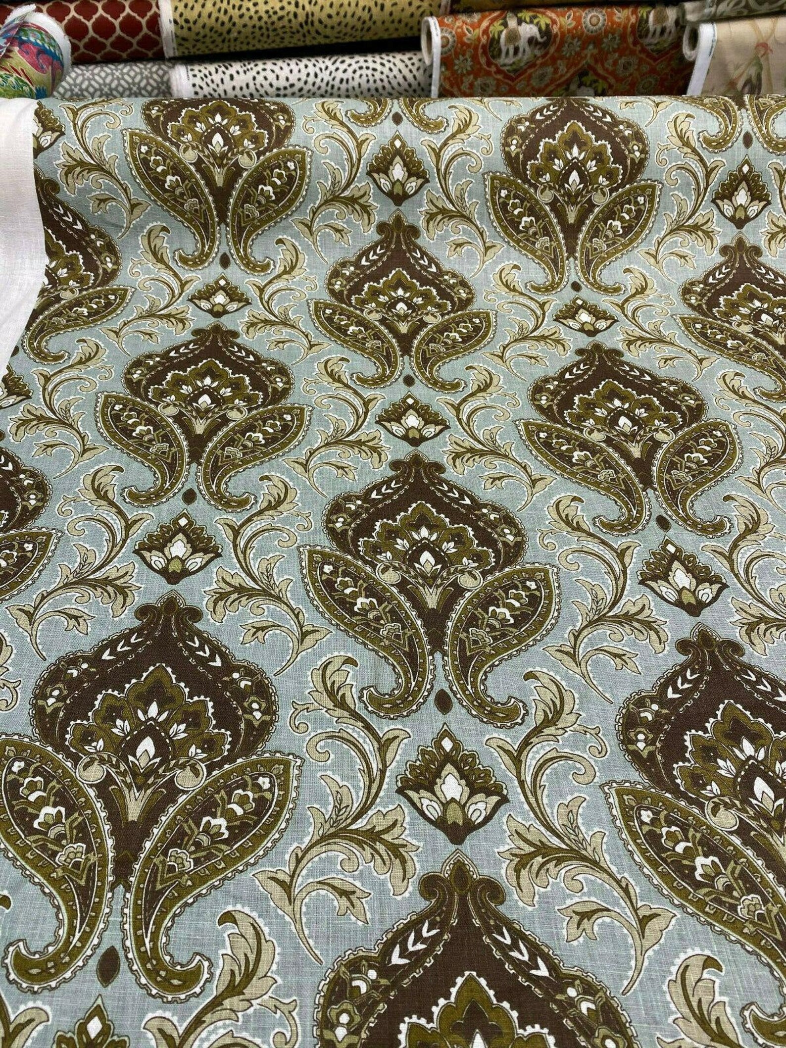 Fabricut Elegant Damask Teal Linen Fabric By The Yard | Etsy