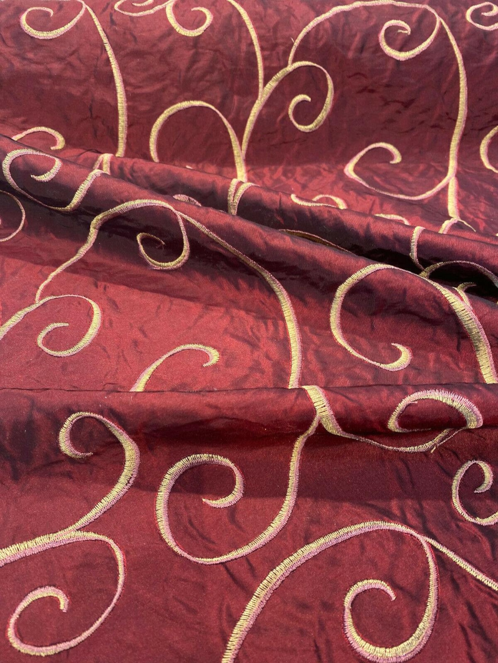 Merlot Red Swirls Embroidered Slub Faux Silk Fabric by the - Etsy