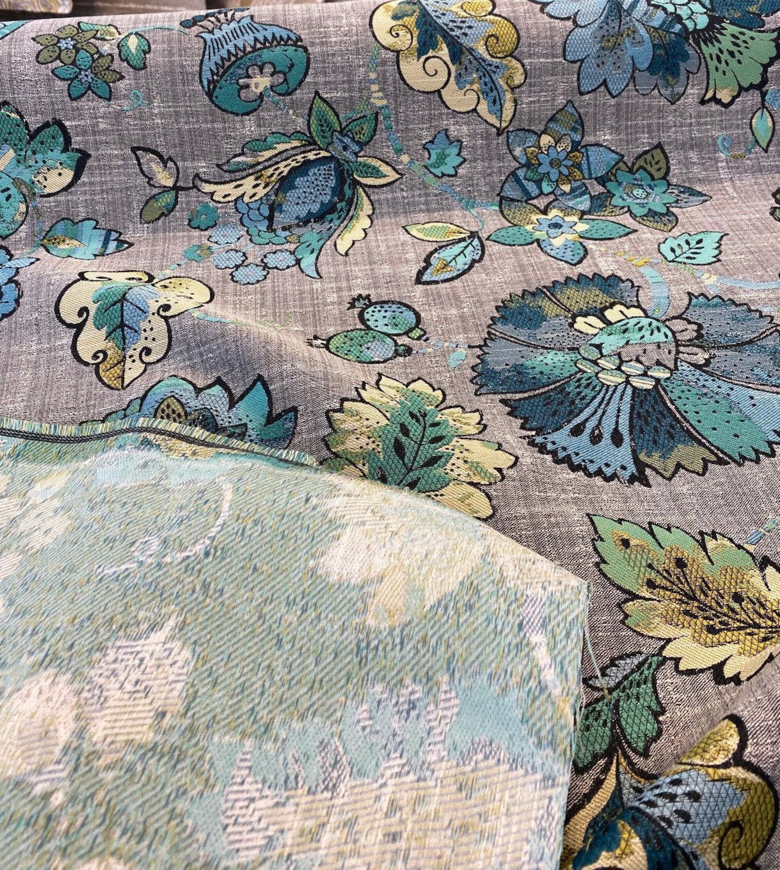 Triumph Jacobean Blue Green Drapery Upholstery Fabric by the Yard - Etsy