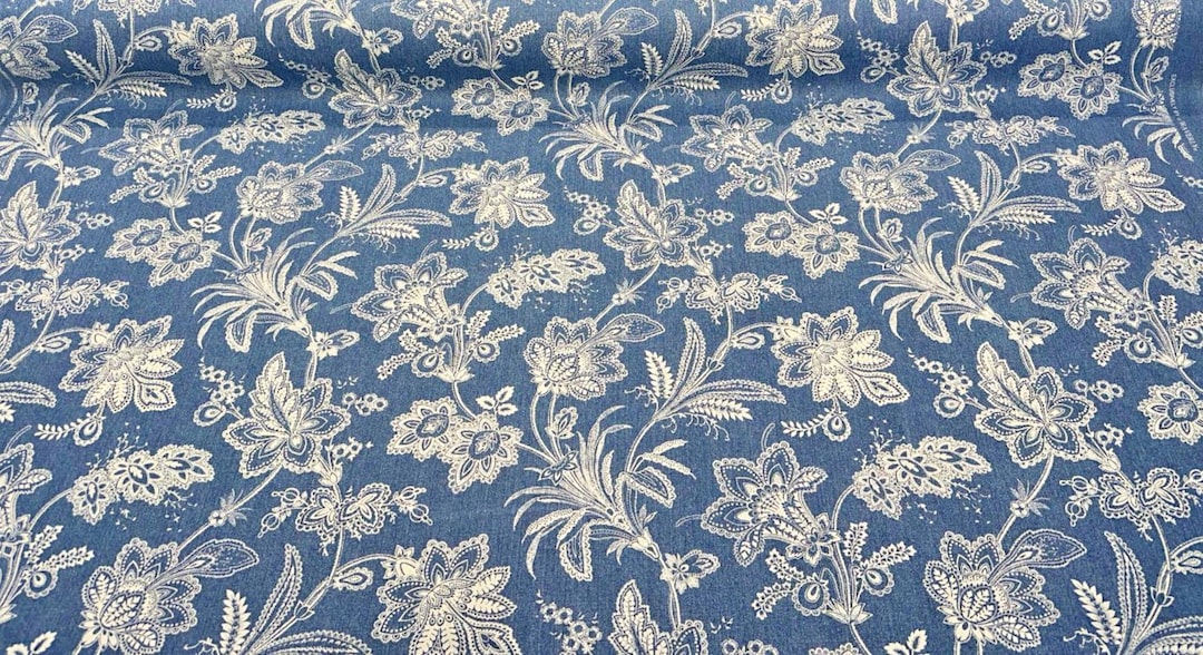 Waverly Follow the Trail Denim Blue Floral Upholstery Drapery Fabric by ...