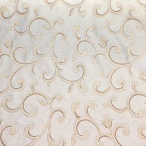 Cream Stiletto Scroll Modern Embroidered Scroll Slub Taffeta Fabric by ...