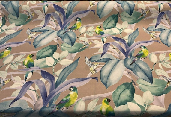 Green Birds Blue Floral Branches Drapery Upholstery Fabric by - Etsy