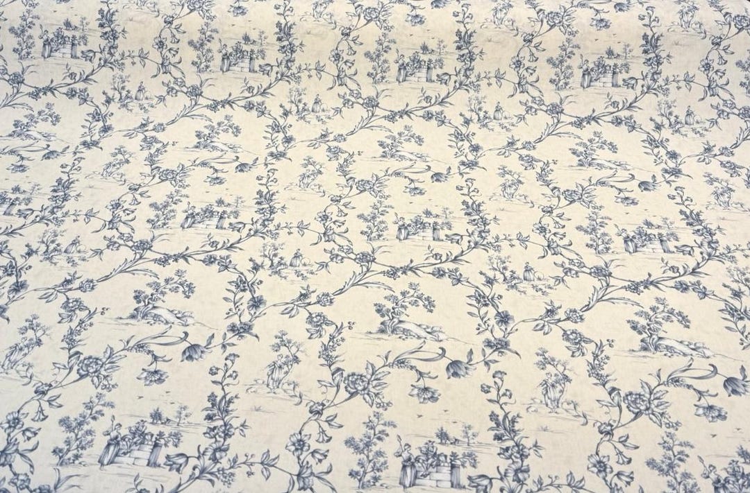 Floral Toile Scenic White Blue Cotton Drapery Upholstery Fabric by the ...