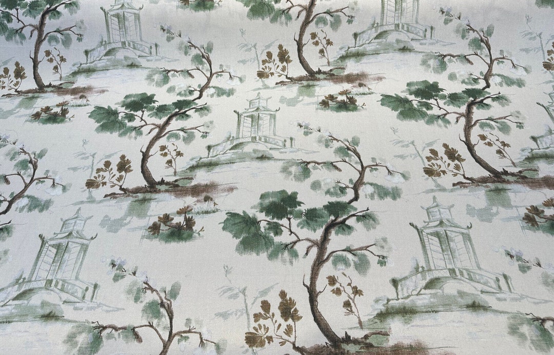 Chino Green Toile Chinoiserie Pagoda Drapery Upholstery Fabric by the ...