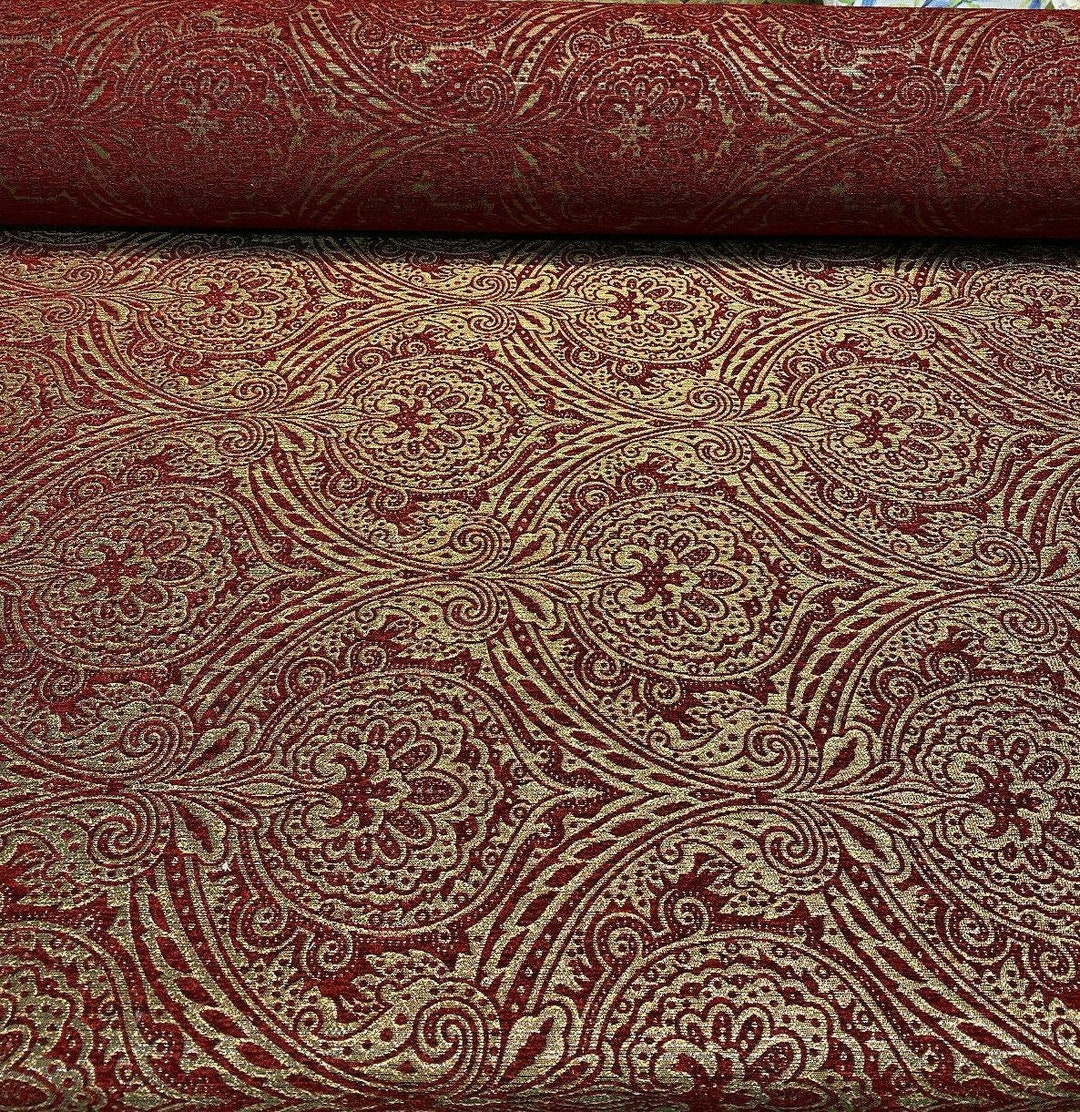 Medellin Damask Ruby Red Gold Upholstery Fabric by the Yard - Etsy
