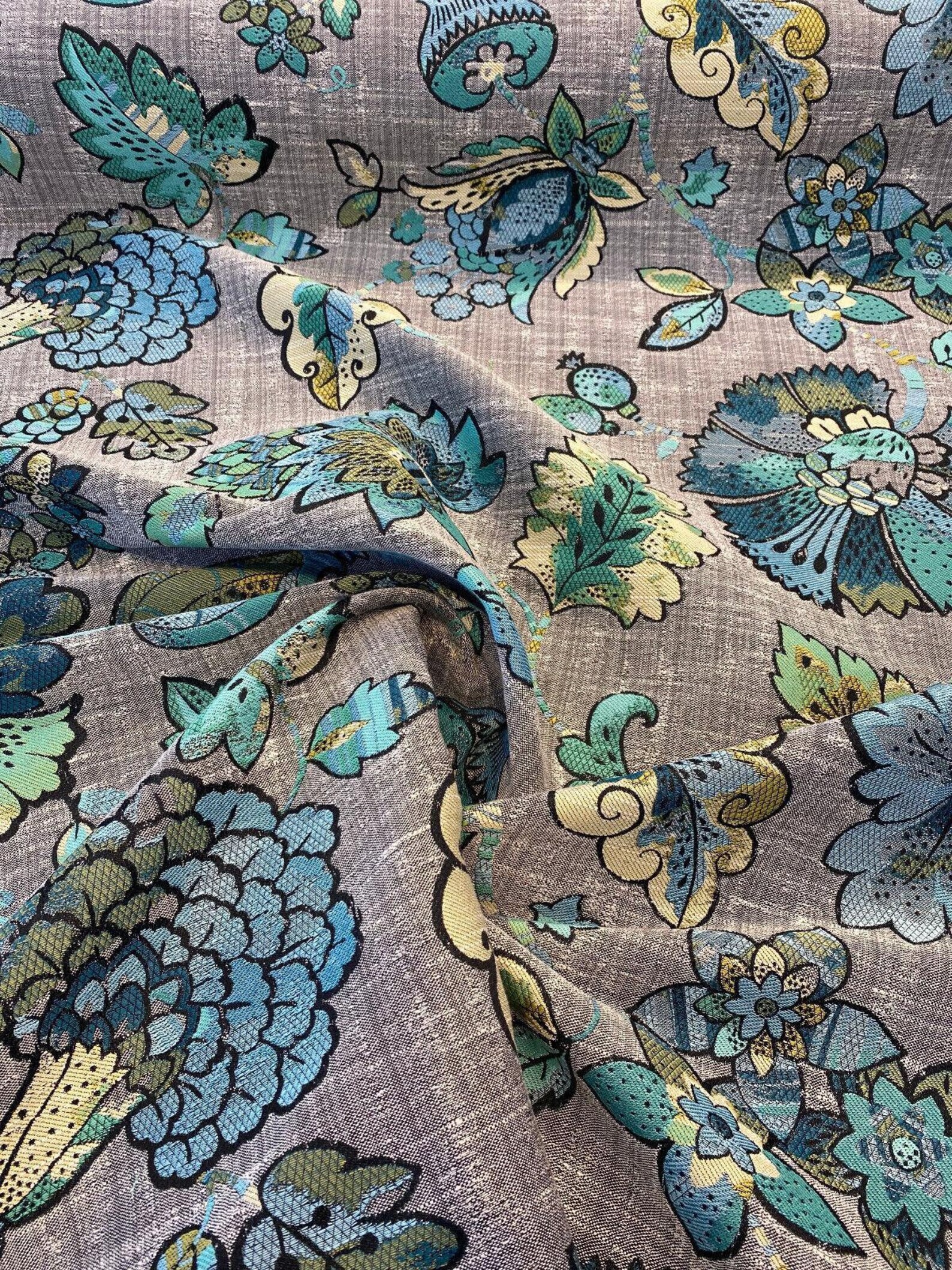Triumph Jacobean Blue Green Drapery Upholstery Fabric by the Yard - Etsy