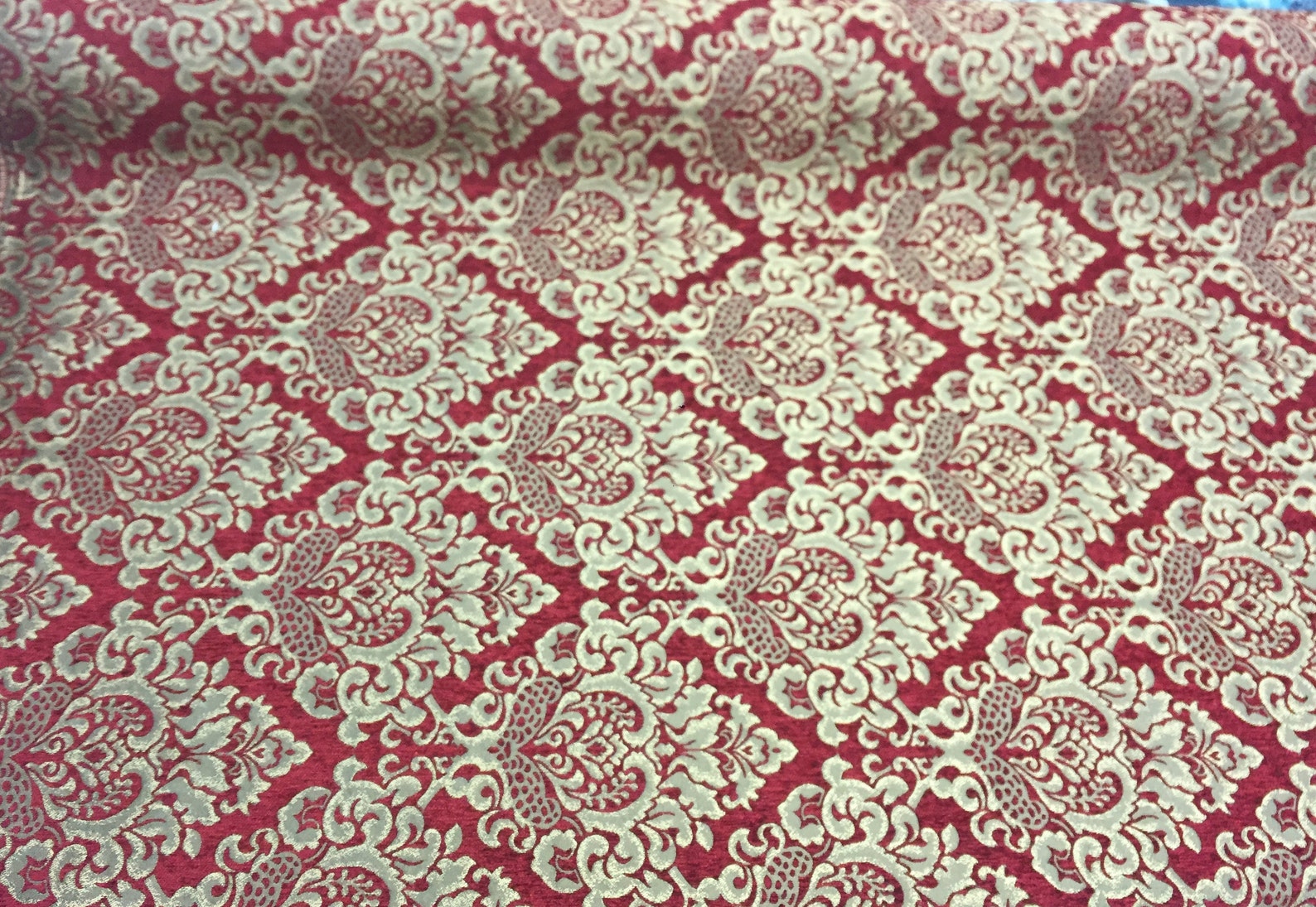 Chenille Upholstery Damask Ruby Red Gold Print Cleopatra Fabric BY the ...