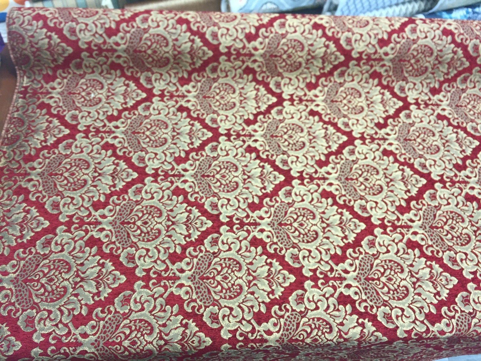Chenille Upholstery Damask Ruby Red Gold Print Cleopatra | Etsy