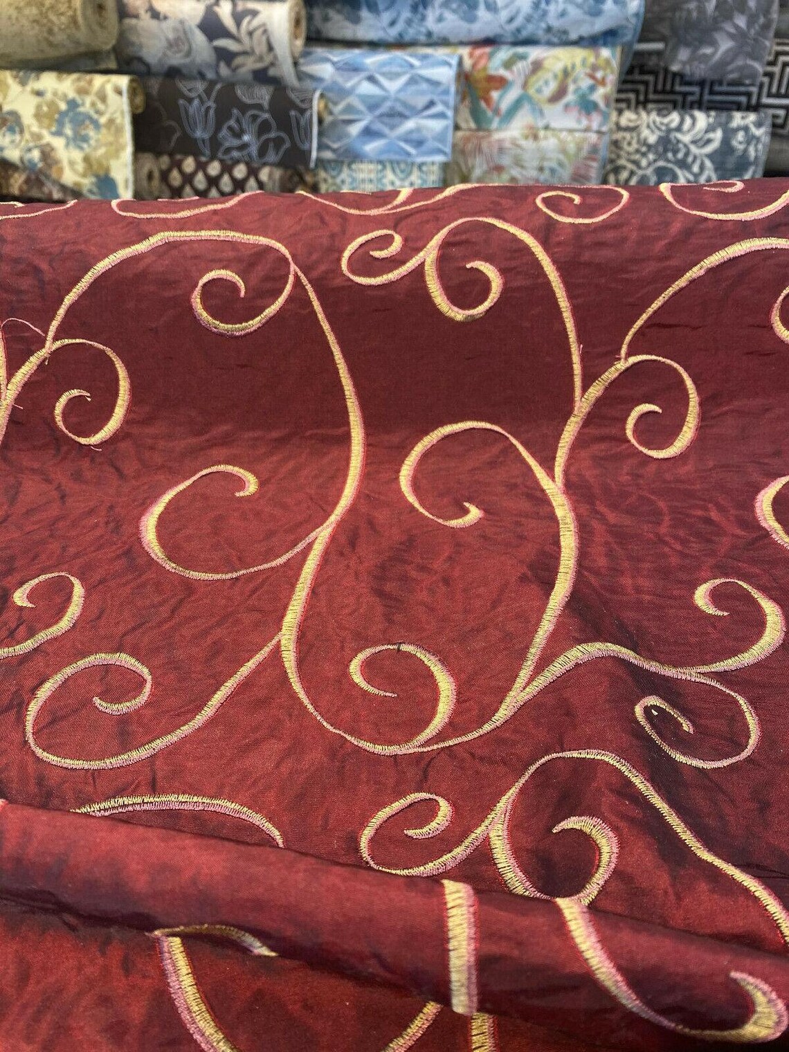 Merlot Red Swirls Embroidered Slub Faux Silk Fabric by the - Etsy