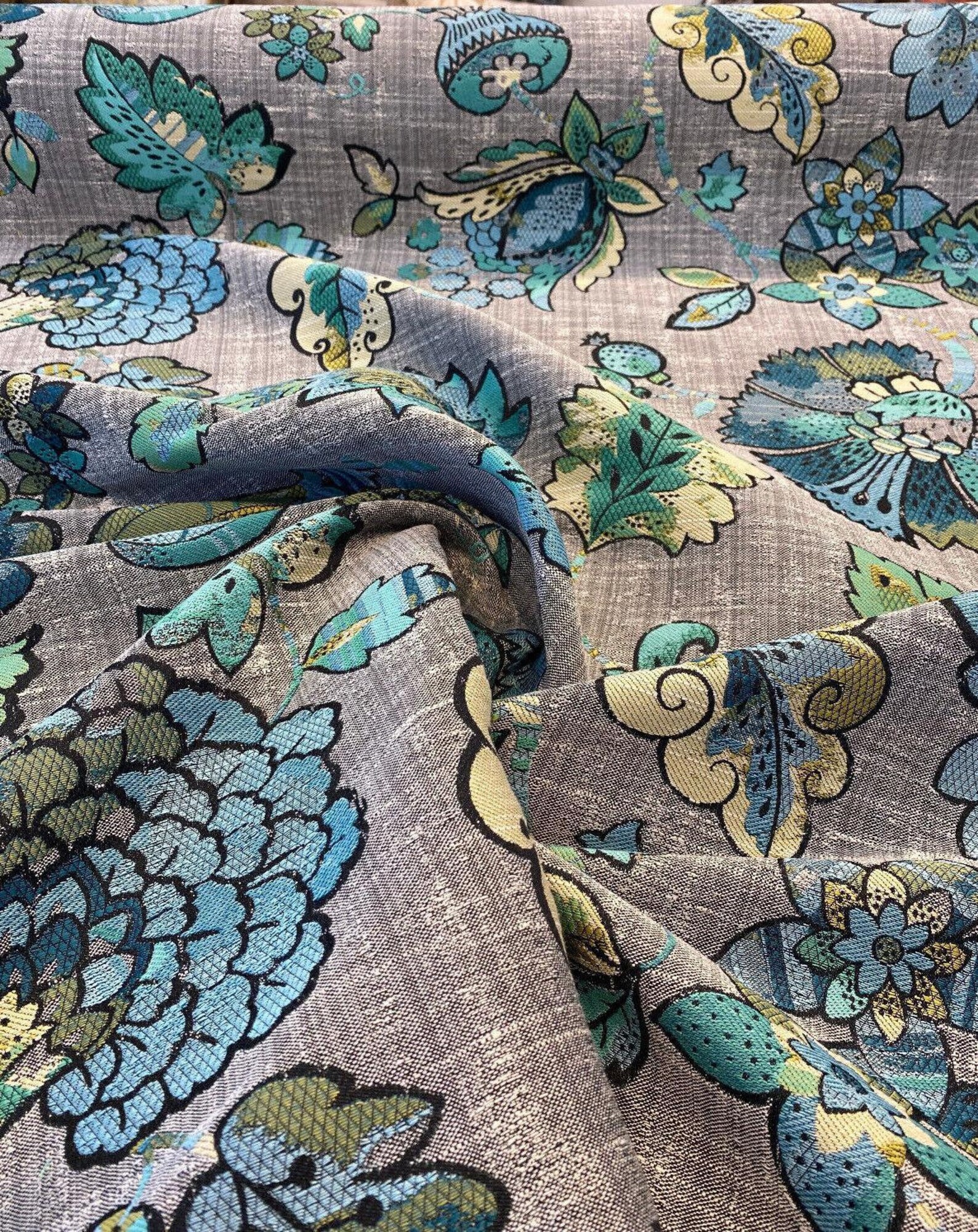 Triumph Jacobean Blue Green Drapery Upholstery Fabric by the Yard - Etsy