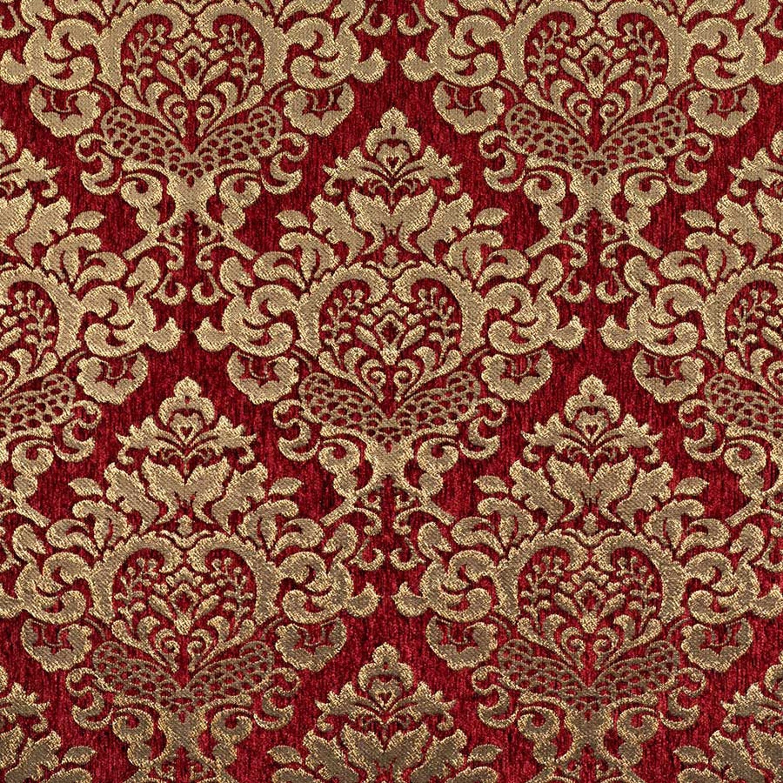 Chenille Upholstery Damask Ruby Red Gold Print Cleopatra Fabric BY the ...