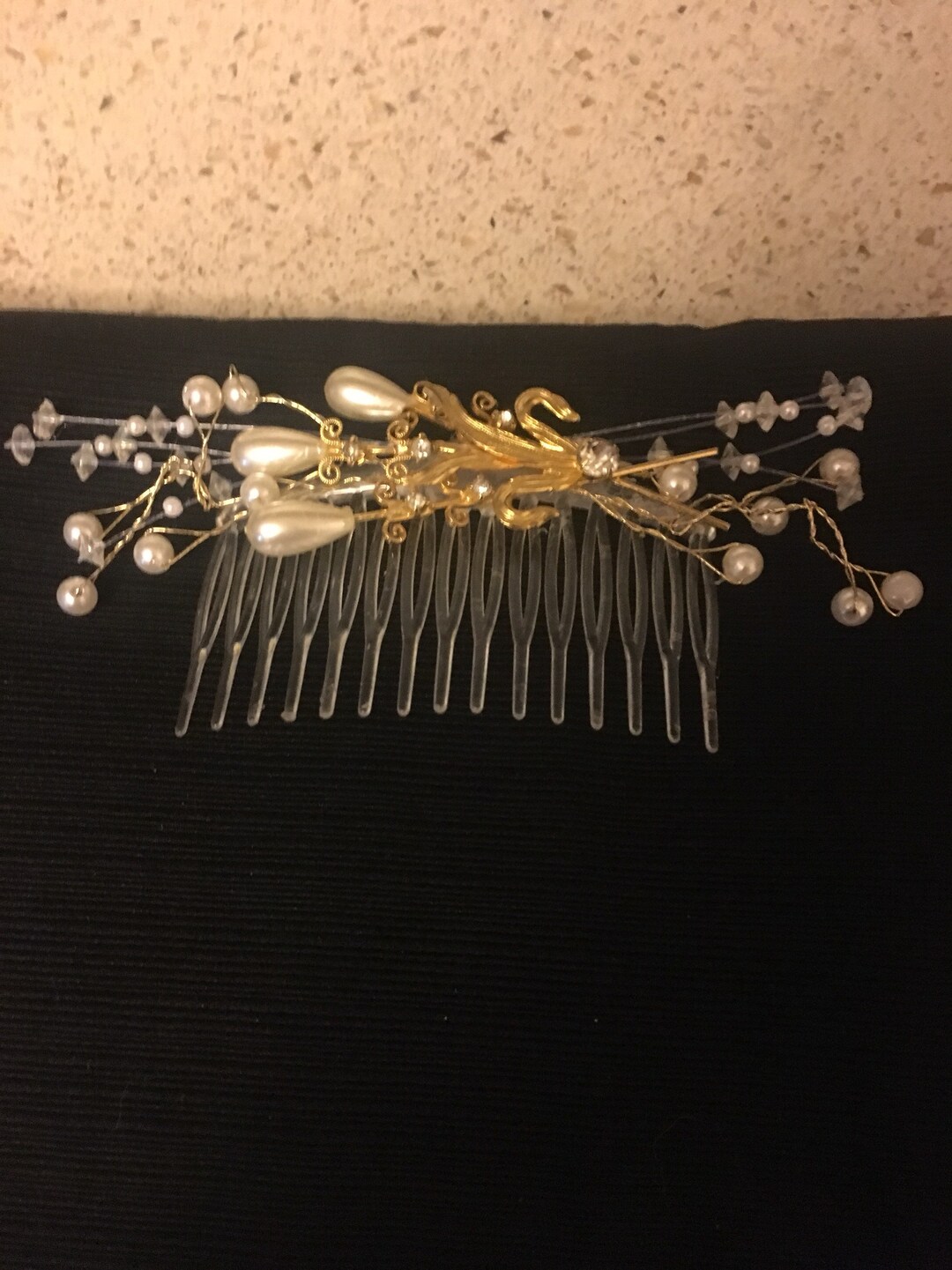 Handmade Gold Pearl Rhinestone Hair Comb: Vintage Brooch Wedding ...