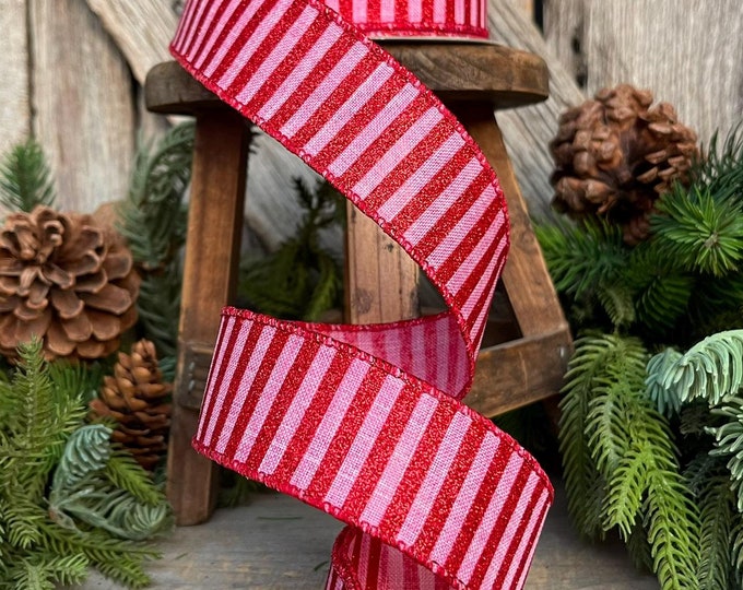 1.5" Red Pink Glitter Stripe Ribbon, Christmas Ribbon, Wired Ribbon ...
