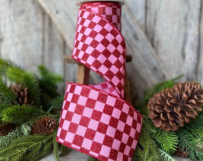 4 Red Pink Glitter Check Ribbon, Christmas Ribbon, Wired Ribbon ...