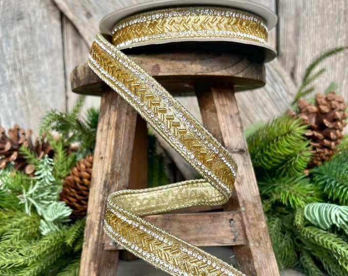 3/4" Gold Baguette Trim Ribbon, Farrisilk, Gold Jeweled Ribbon, Gold ...