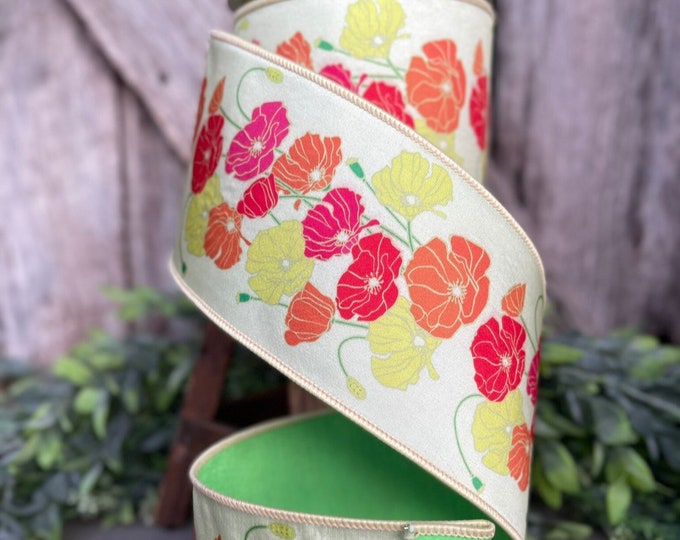 4" Mod Poppies Ribbon, Farrisilk Ribbon, Spring Ribbon, Summer Ribbon ...