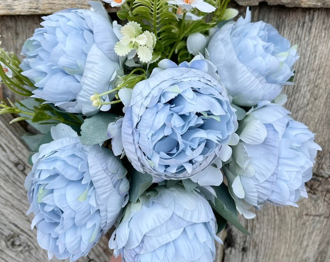 Blue Peony Bush, 18" Blue Peony Floral Bush, Artificial Blue Floral ...
