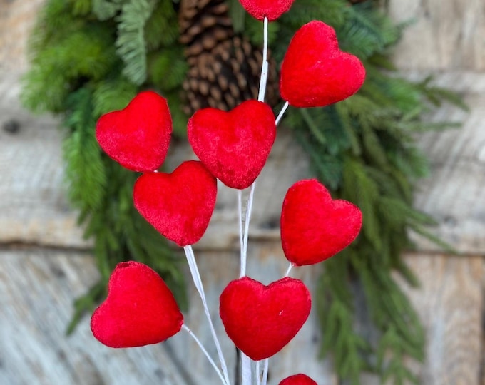 28" Velvet Heart Floral Pick, Red Heart Stem, Red Velvet Hearts ...