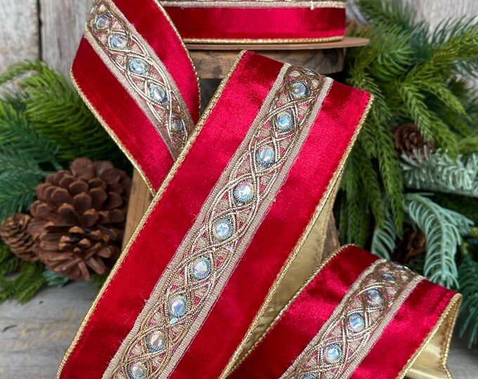 2.5" Red Velvet Jeweled Look Ribbon, Red Velvet Ribbon, Christmas ...