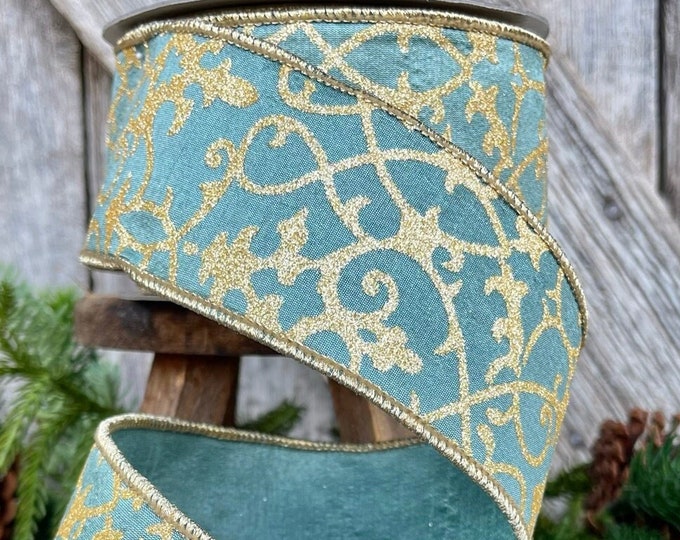 2.5 Celadon Teal CASSIA ACANTHUS, Farrisilk Ribbon, Teal and Gold ...