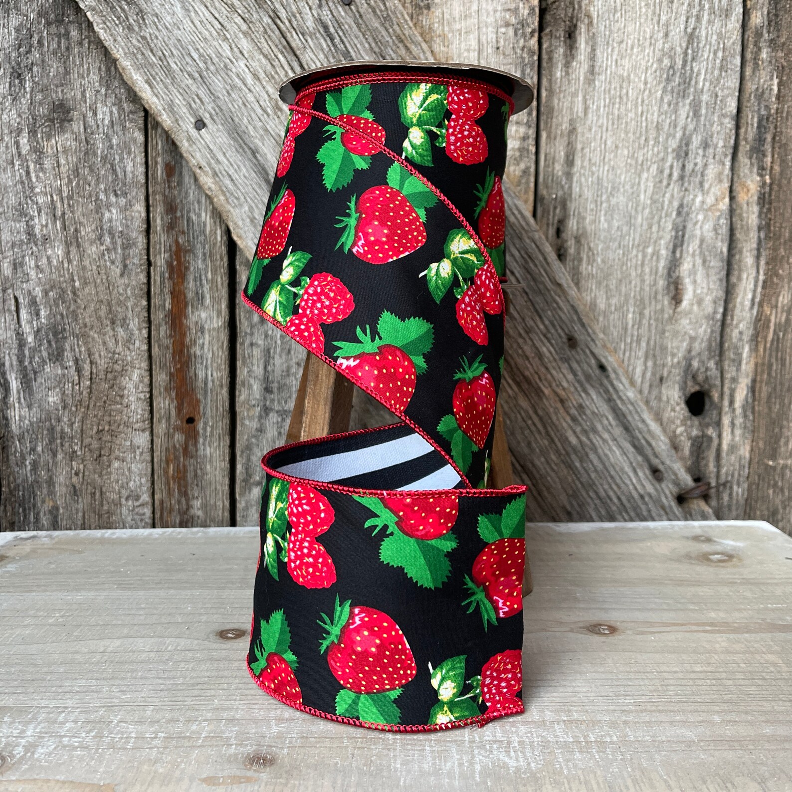 4 Strawberry Ribbon With Black and White Stripe Backing - Etsy