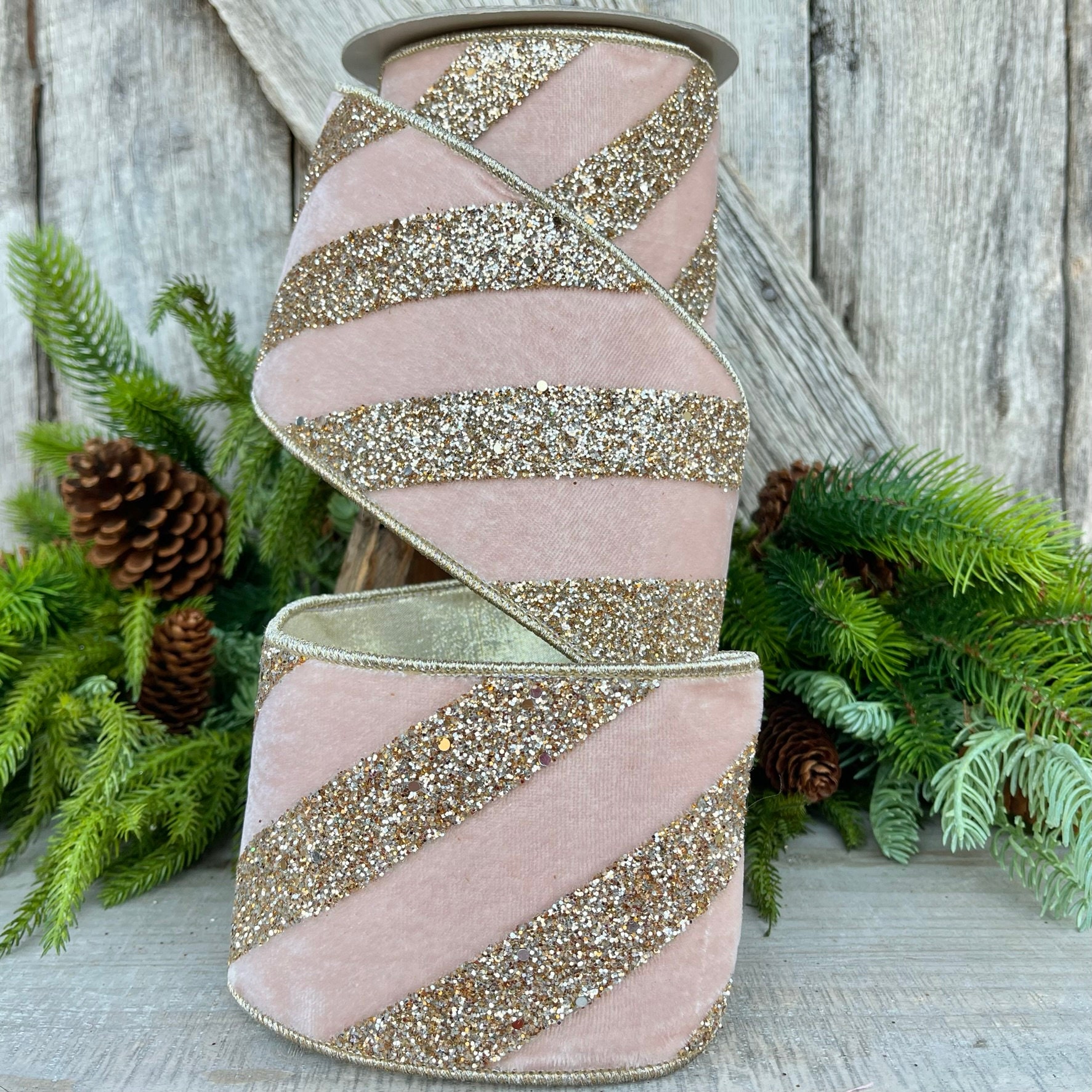4 Blush Pink Velvet Ribbon, Christmas Tree Ribbon, Blush Chunky Glitter ...